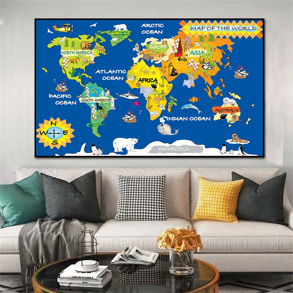 Canvas Painting Cartoon Map Of The World Wall Art Poster Print On ...