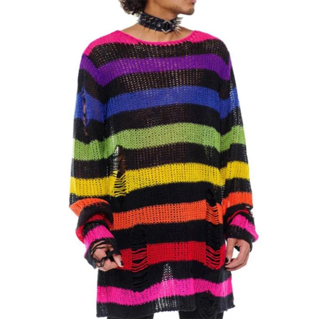 Goth Punk Gothic Sweater Oversized Pullovers Women Striped Cool Hollow ...