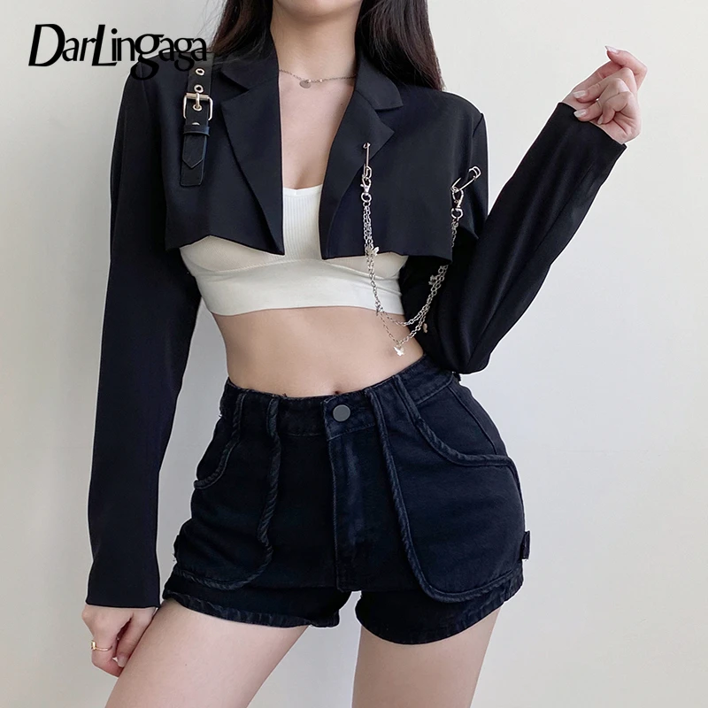 Darlingaga Streetwear Punk Chain Black Woman Jacket Buckle Fashion ...