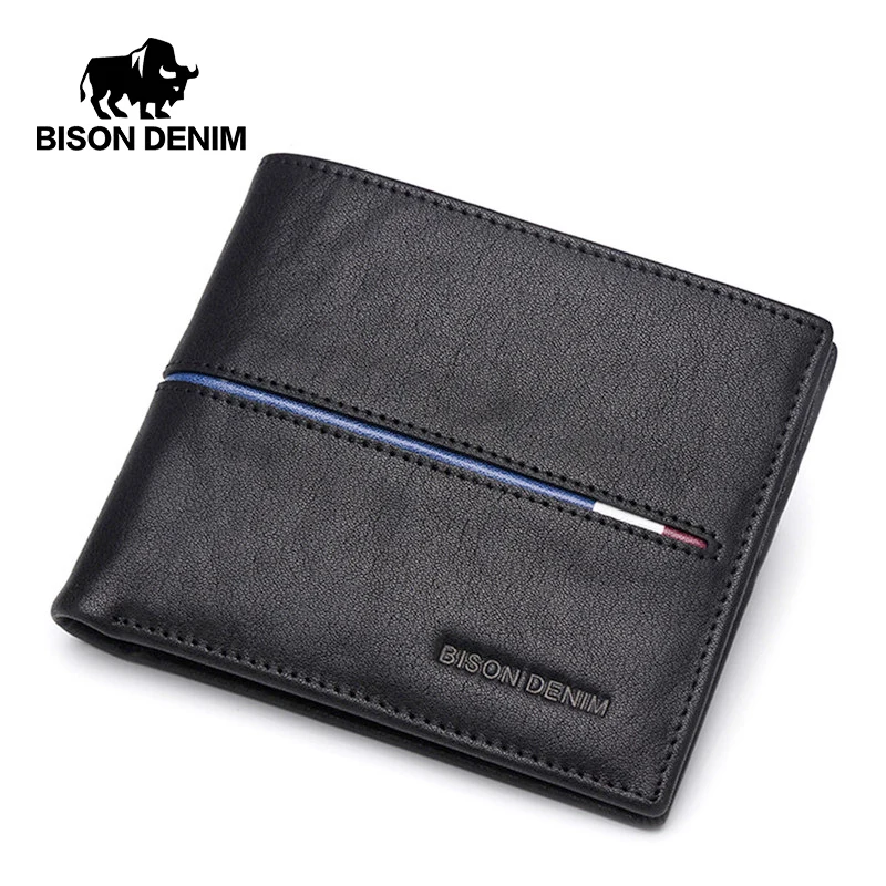 BISON DENIM Cowskin Leather Men Wallets Multi Functional Cowhide Coin ...