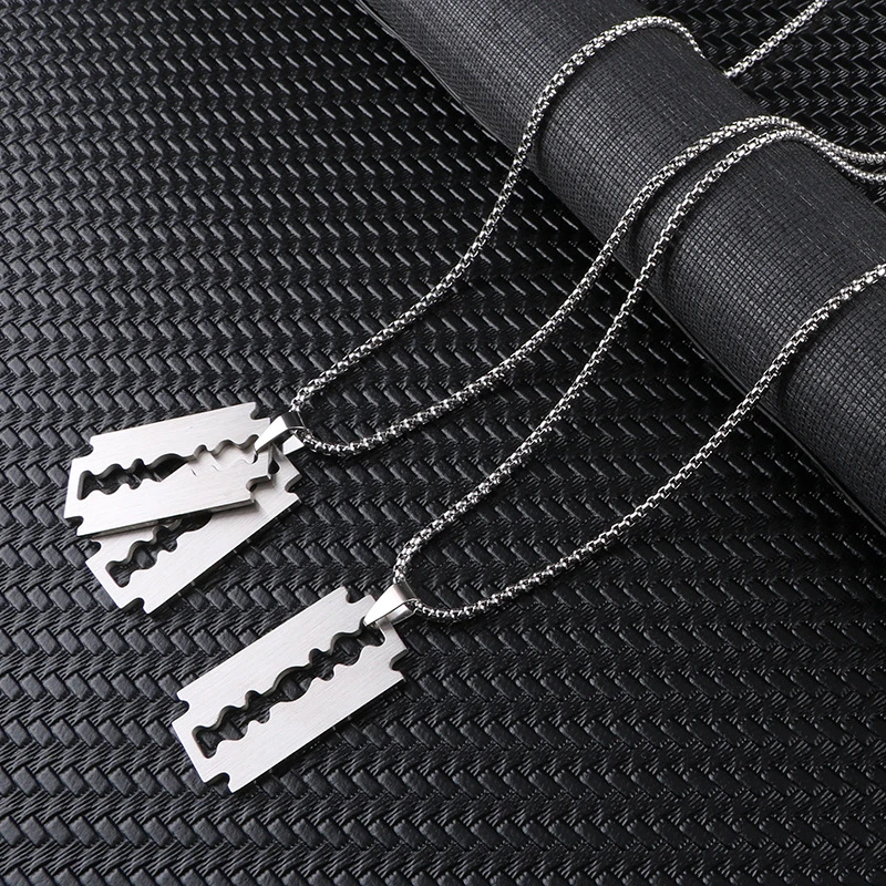 Fashion Silver Color Stainless Steel Razor Blades Pendant Necklaces Men ...