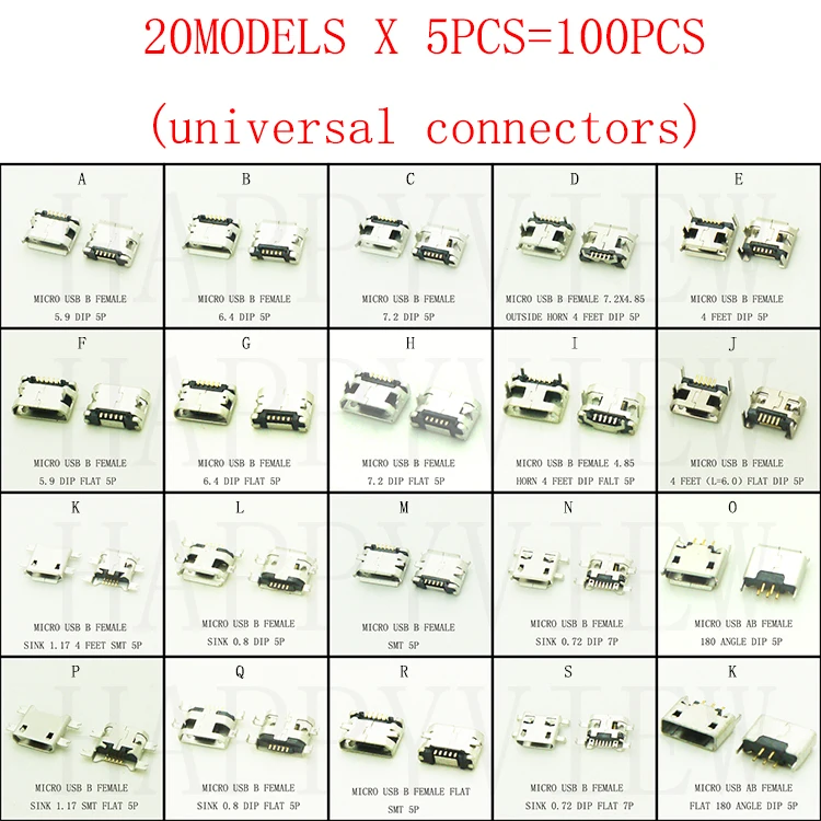 Promozione-100-pz-lotto-20-modelli-Micro-USB-2-0-connettore-USB-2-0 ...