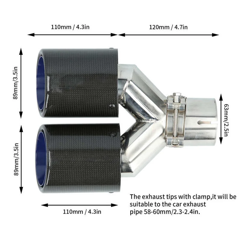 Carbon Fiber Dual Exhaust Tip Glossy Y Shape Tail Pipe with Clamp ...