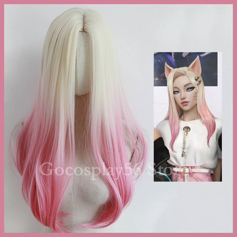 NEW KDA Ahri Wig LoL Cosplay Gradual Beige Pink Synthetic Hair Middle ...