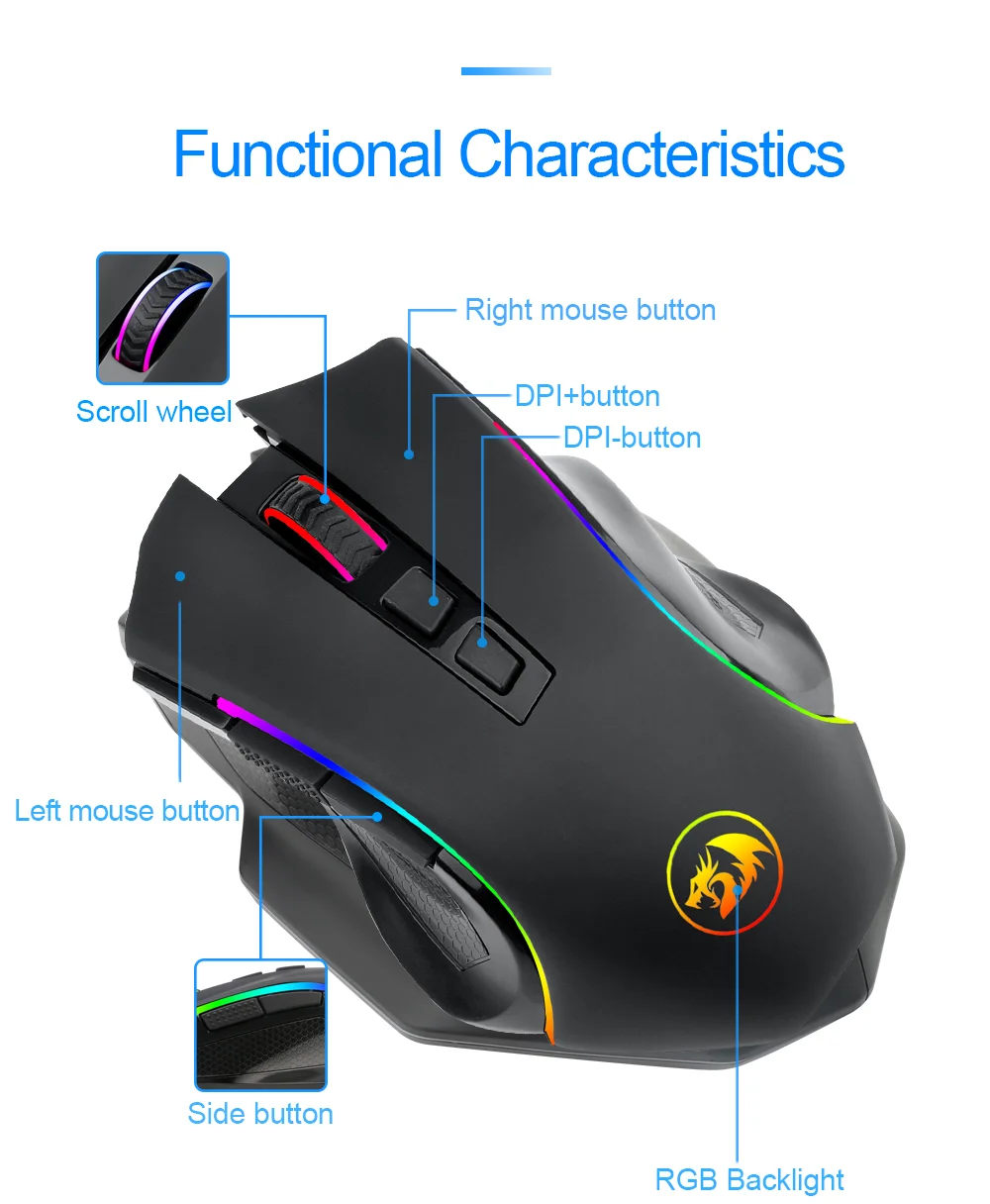 REDRAGON Griffin M602 KS RGB USB 2.4G Wireless Gaming Mouse 8000 DPI 8 ...