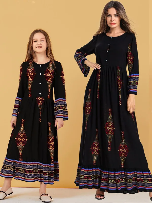 2019 Girl's Midget Black Printed Button-down Flared Sleeve Dress A ...