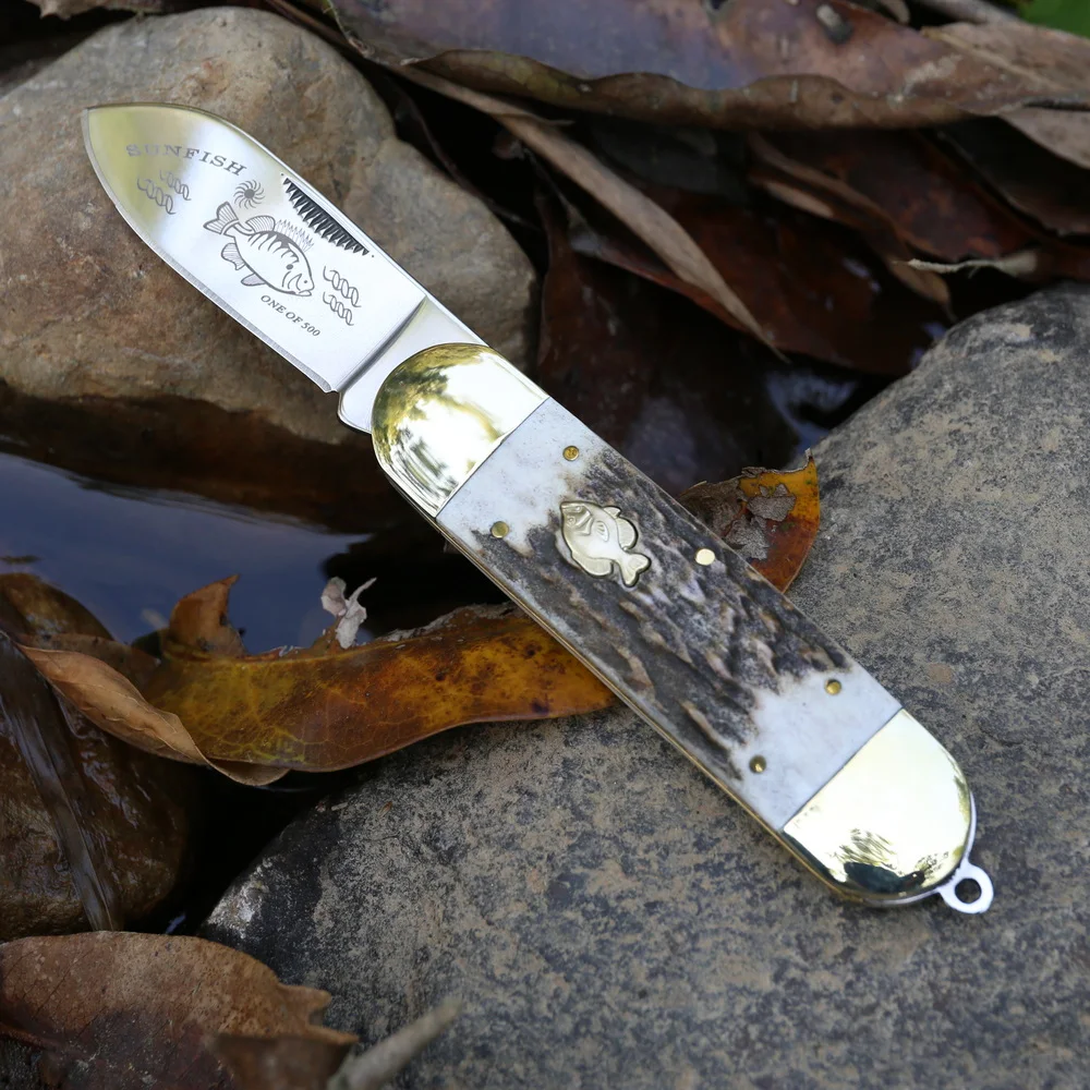 Sunfish-Folding-Knife-4116-Steel-Mirror-Blade-Antler-Brass-Handle ...