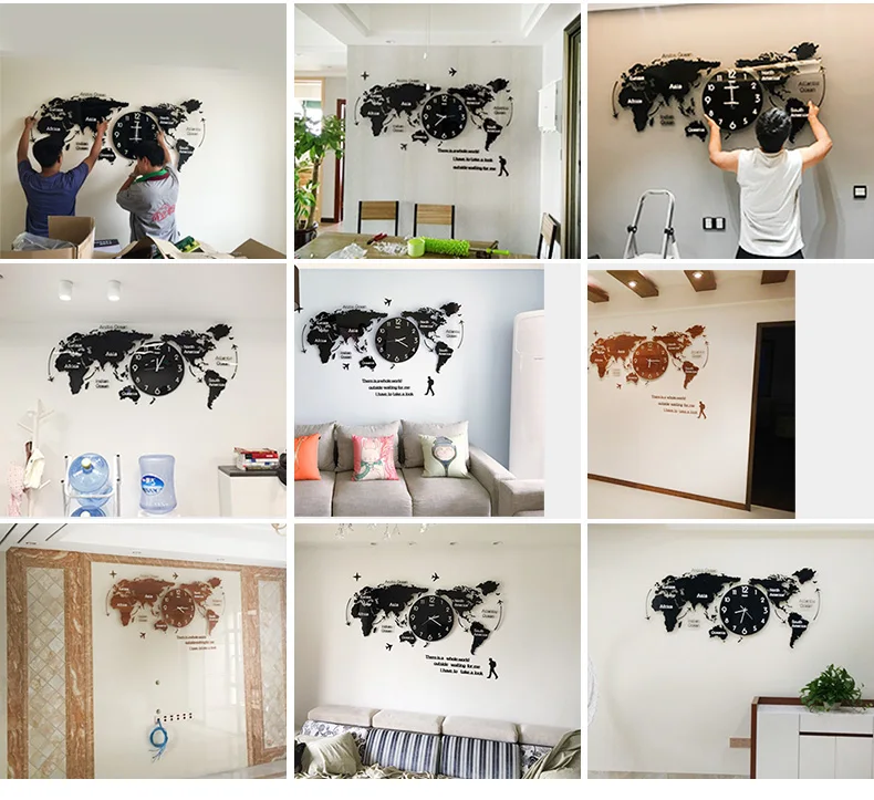 Большой карта мира настенные часы современный дизайн 3d наклейки акриловые часы сверкающий в