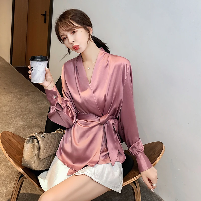 Корейские модные шелковые женские блузки атласные женские топы и ...