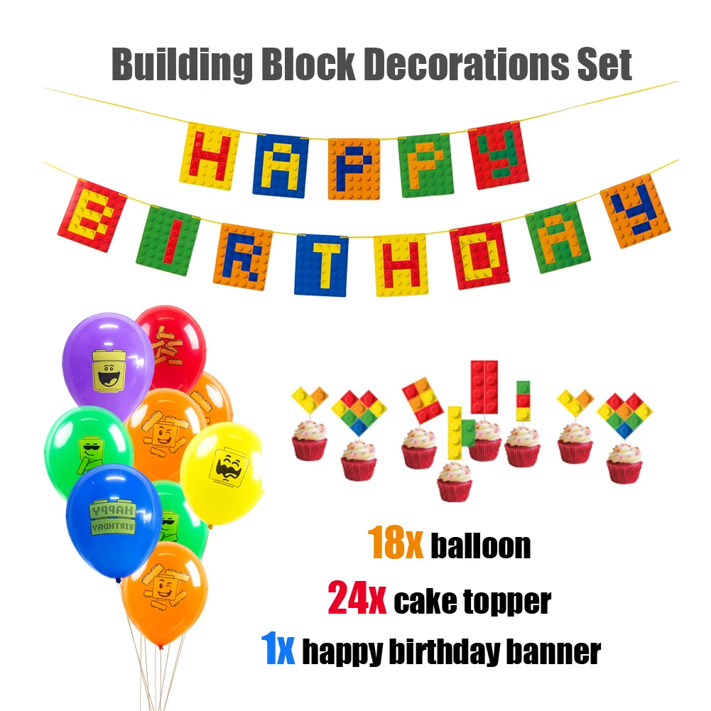 Colourful Brick Theme Party Set Latex Balloons Happy Birthday Banner ...
