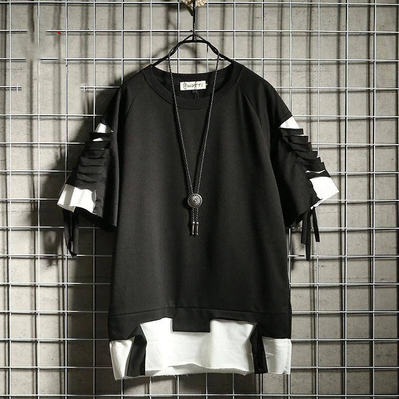 2022 Oversized T Shirt Streetwear 찢어진 구멍 빈티지 힙합 T 셔츠 False two Loose ...