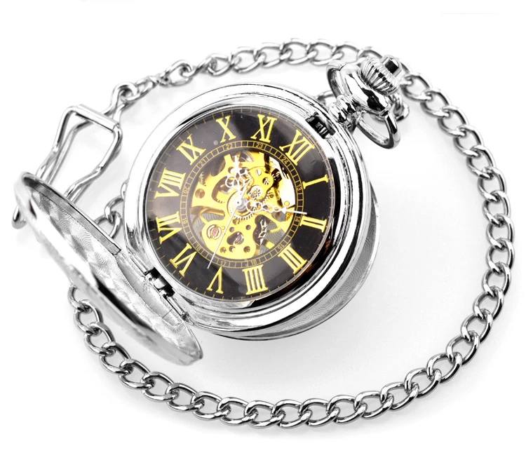 New Luxury Silver Self Winding Automatic Mechanical Pocket Watch Fob ...