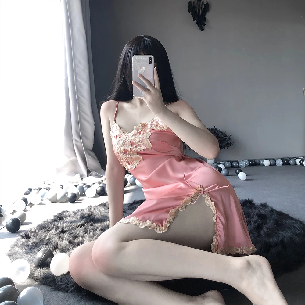 Las mujeres ropa de dormir de seda Lencería nocturna Sexy traje vestido Porno camisones cuello ...