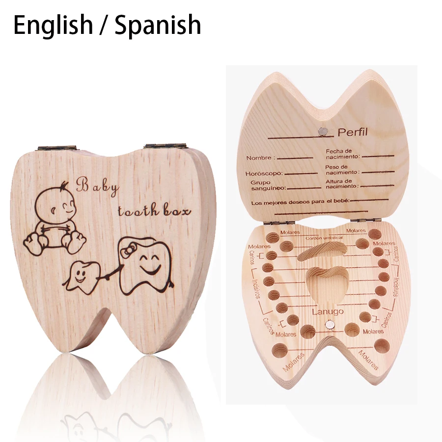 New-Spanish-English-Baby-Wood-Tooth-Box-Umbilical-Organizer-Milk-Teeth ...