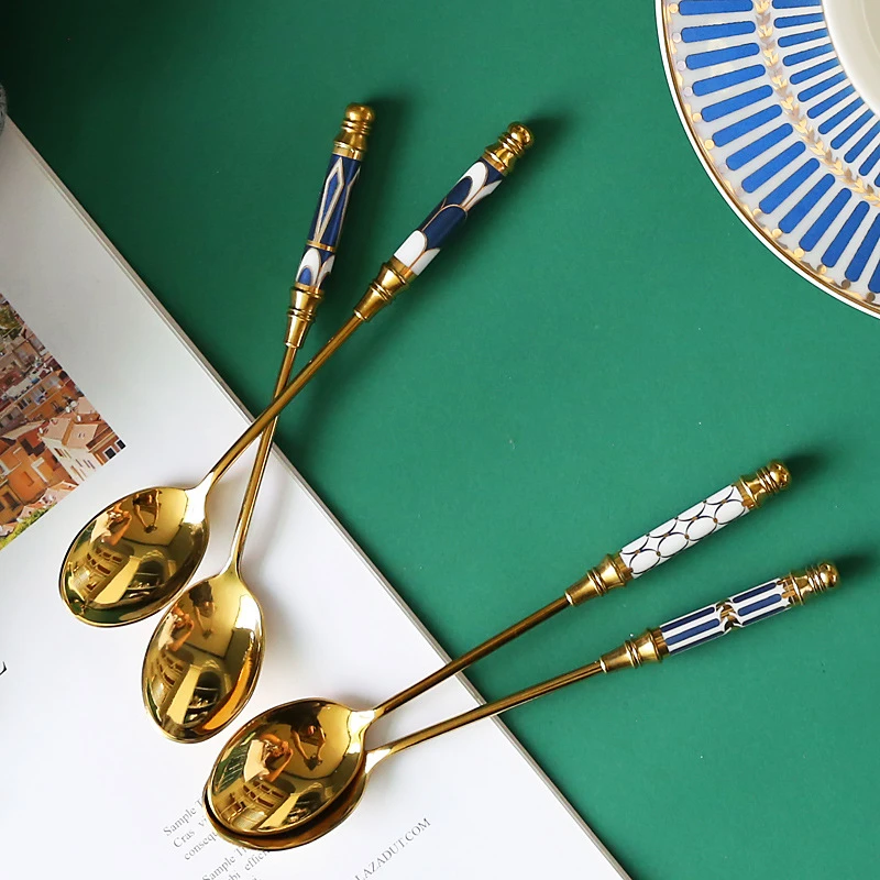 1pc Chic Stainless Steel Spoon Ceramic Handle Ice Cream Fruit Coffee ...