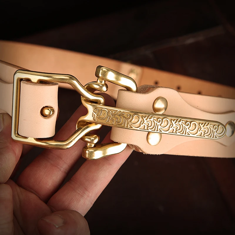 Leather Belt Cavalry Belt Buckle Pure Copper Buckle Casual Vintage ...