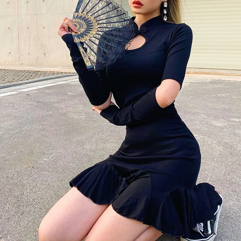 Готические темно черные женские платья в готическом стиле открытые платья с длинным рукавом и