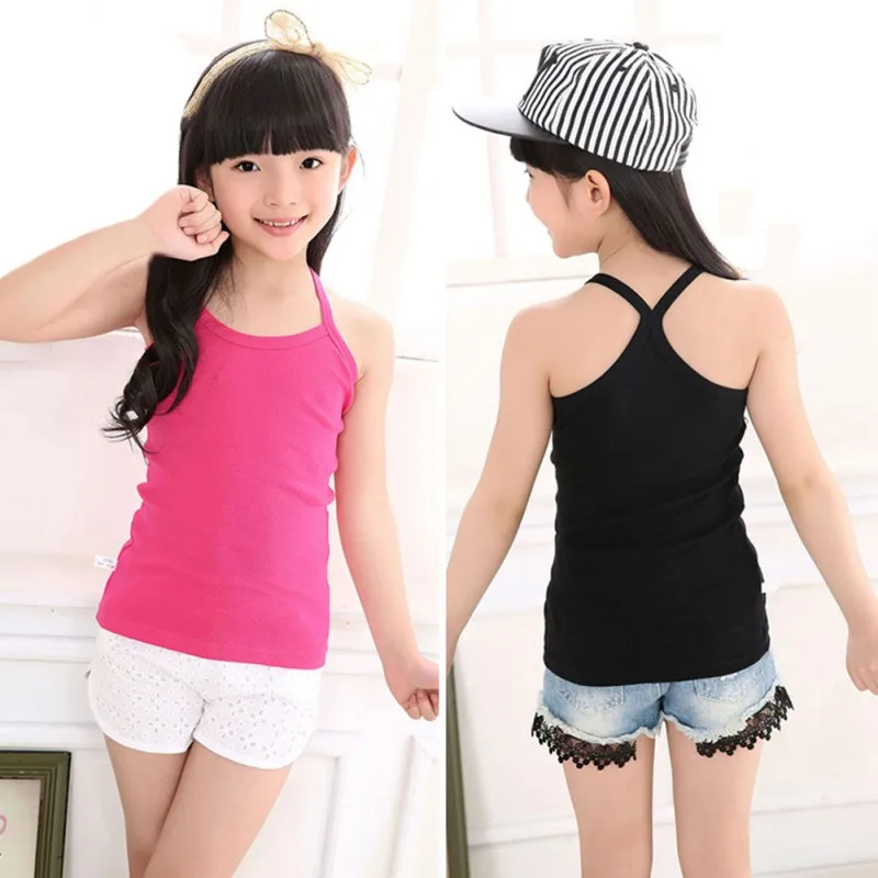 Summer Cotton Girls Vest Sleeveless Tops Solid Color T-shirts Tees Kids ...