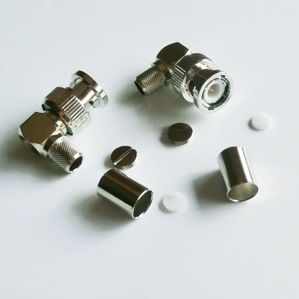 Conector BNC RF Q9 macho de 90 grados, engarce de enchufe de ángulo recto para RG5, RG6, LMR300 ...