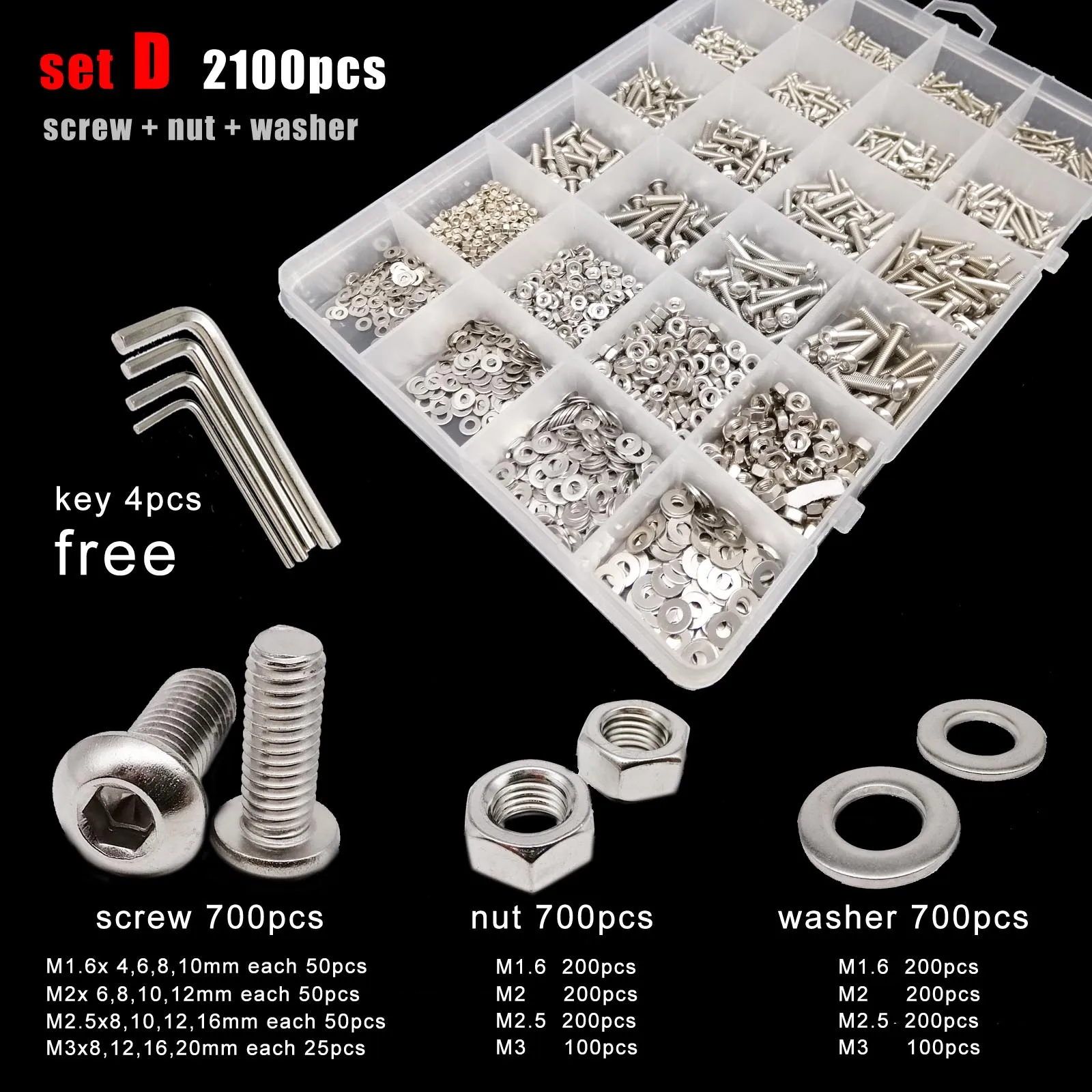 Assortment Kit M1.6 M2 M2.5 M3 M4 M5 304 A2 Stainless Steel Allen Hexagon Hex Socket Button ...