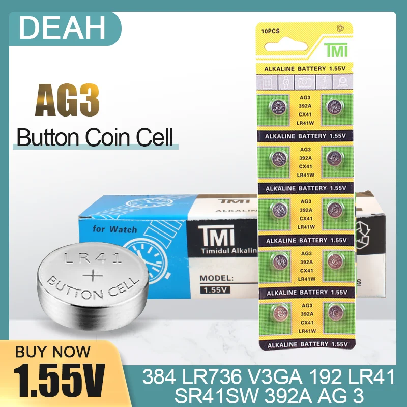 100pcs 1.55v Alkaline Button Battery Ag3 Lr41 392 192 384 392 392a Cx41 G3 L736 Lr736 Sr41 ...