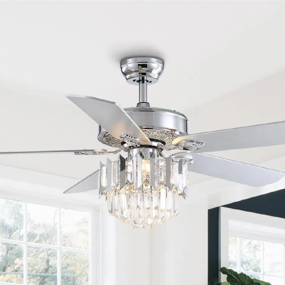 Luxury Long Crystal Ceiling Fan With Lights Silver Black 52 Inches ...