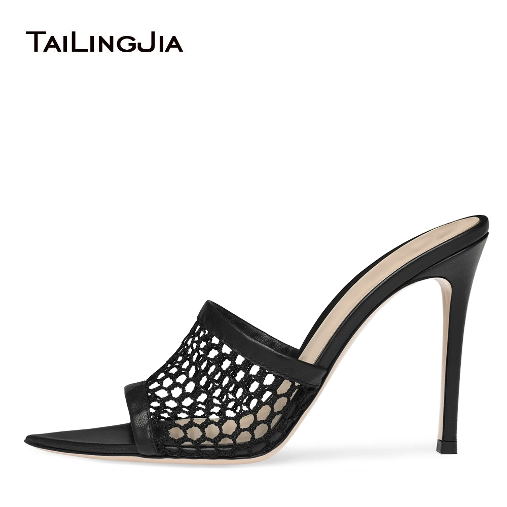 Pointed Toe High Heel Mesh Sandals Women 2021 Black Fishnet Heels ...