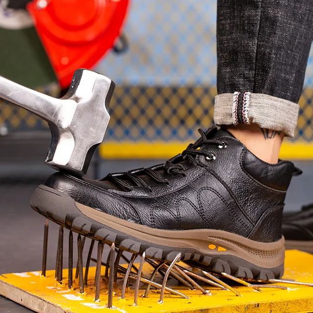 Men Leather Safety Work Boots Steel Toe Puncture-proof Indestructible ...