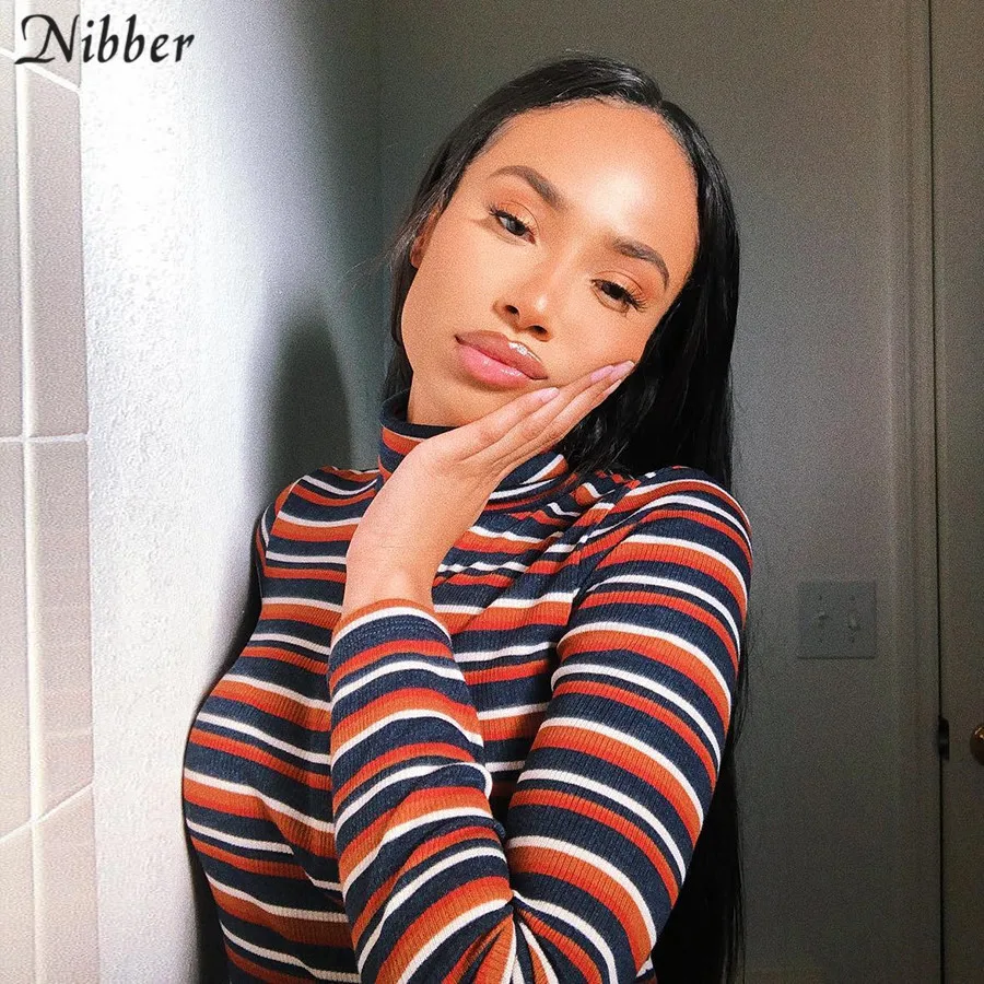 NIBBER осень зима с высоким воротником полосатый вязаный тонкий Топ ...