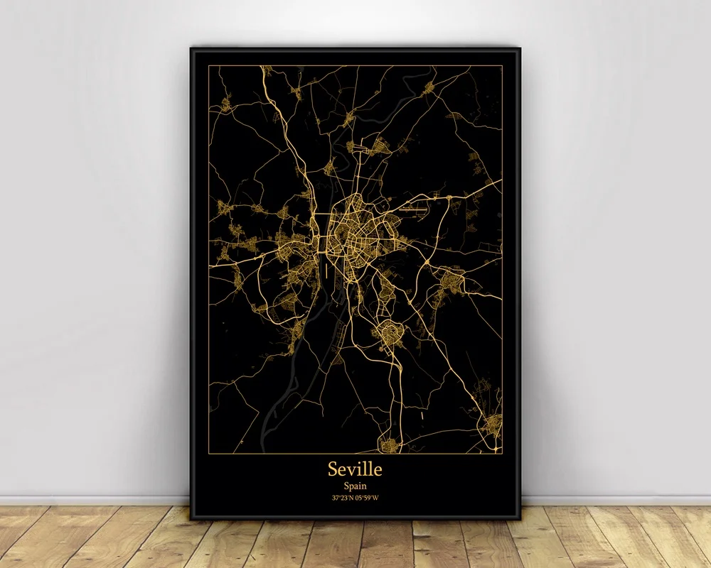 Seville Spain Black&Gold City Light Maps Custom World City Map Posters ...