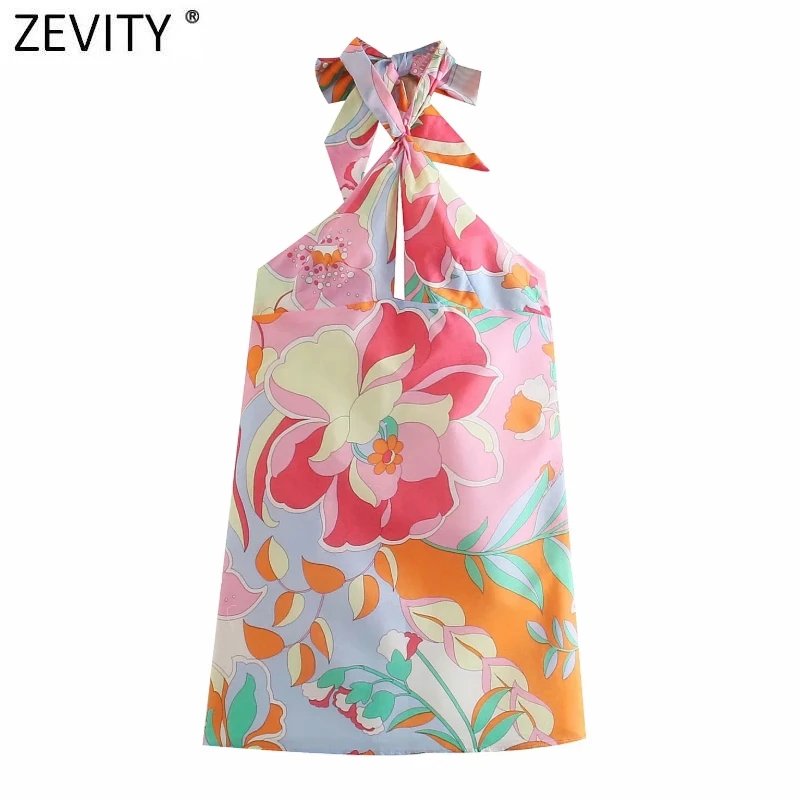 Zevity 2021 Women Sexy Colorful Floral Print Bow Tied Halter Mini Dress ...
