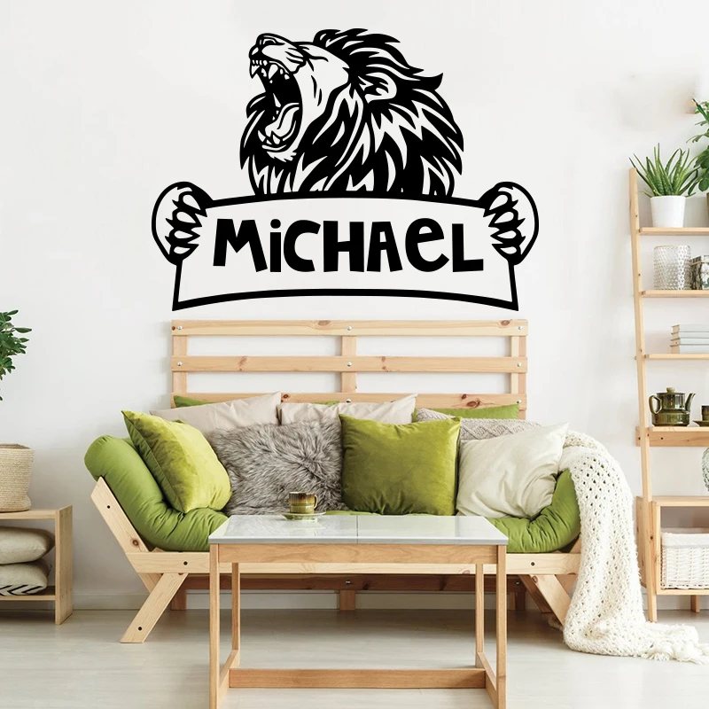 Custom Name Roar Lion Wall Sticker Cartoon Personalized Name Jungle ...