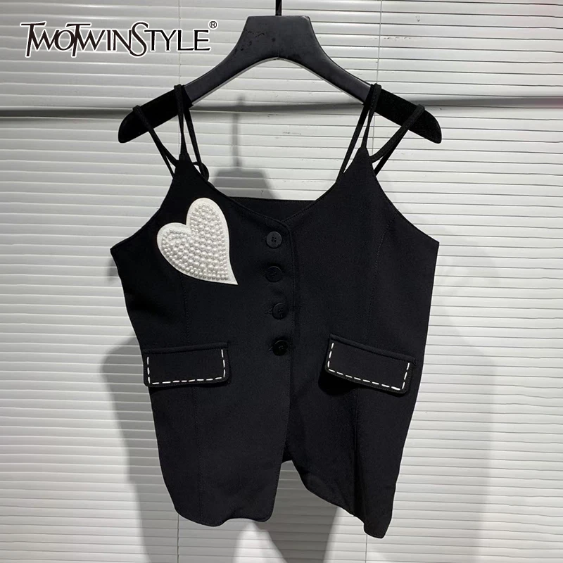TWOTWINSTYLE Sexy Black Patchwork Pearl Vests For Women Square Collar ...
