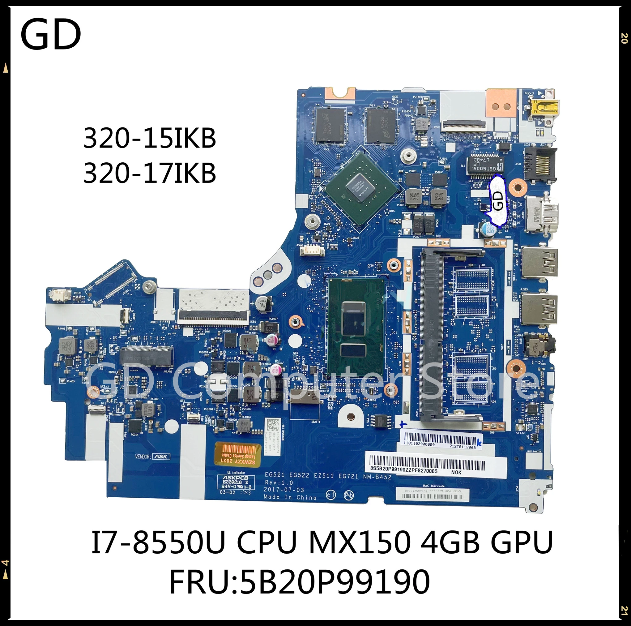 GD Original For Lenovo Ideapad 320 15IKB 320 17IKB Laptop Motherboard I7 8550U CPU MX150 4GB GPU ...
