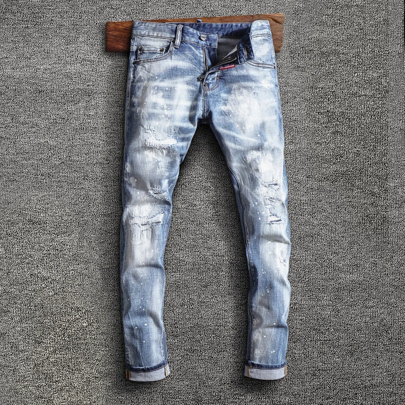 Streetwear Fashion Men Jeans High Quality Retro Light Gray Elastic Slim ...