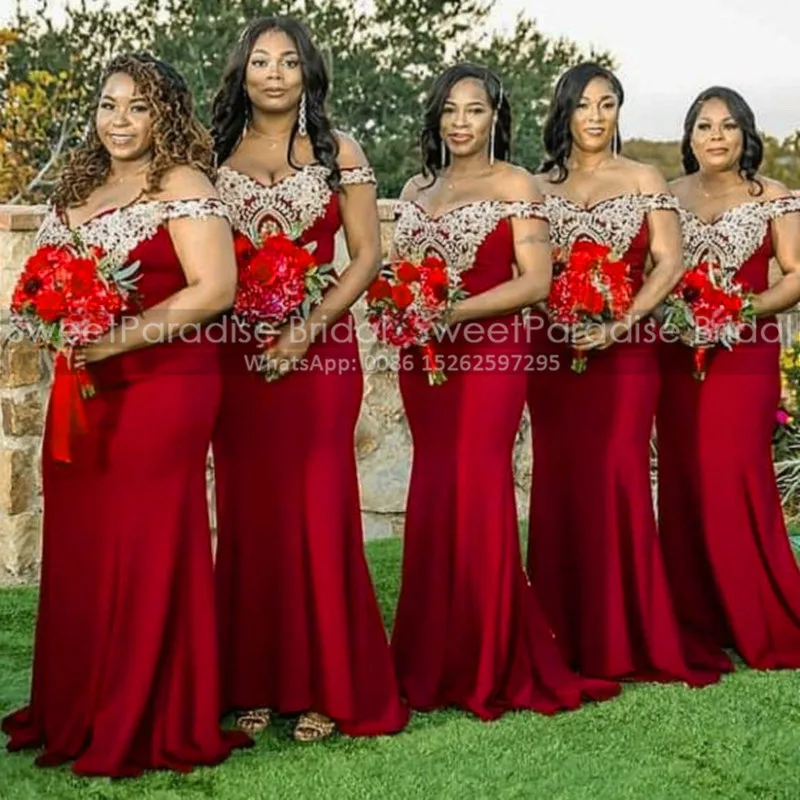 Exquisite Appliques Mermaid Bridesmaid Dresses Long Red Off Shoulder ...