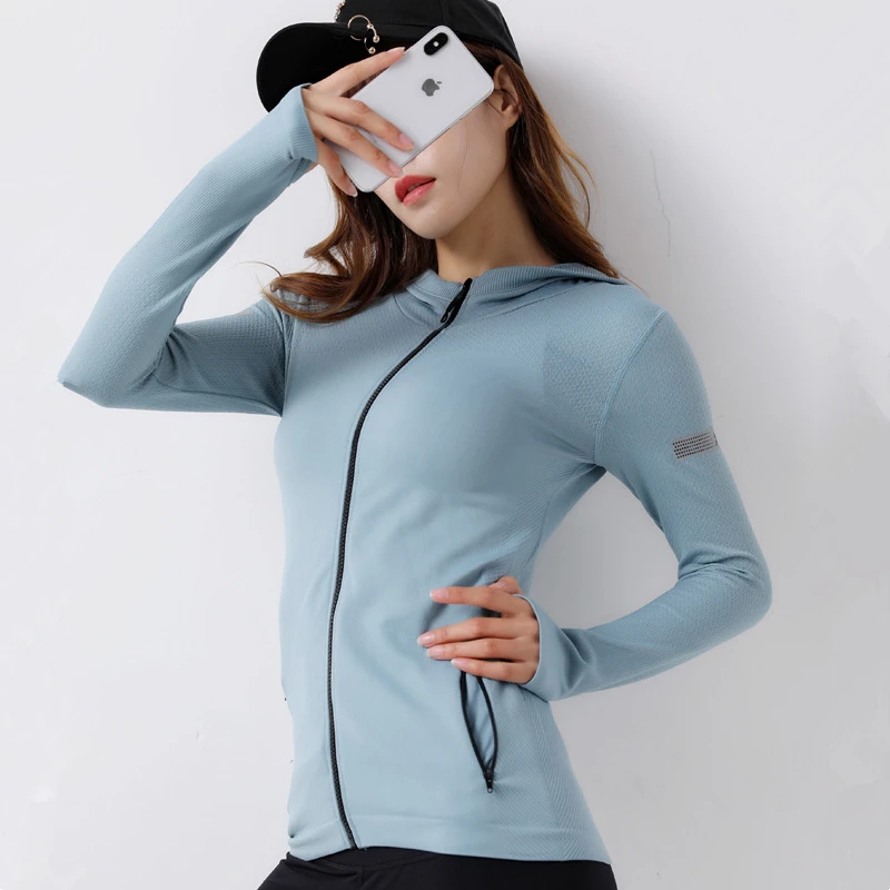 Women Sport Jacket Zipper Yoga Coat Clothes Thumb Hole Gym Workout Jacket Running Hoodies ...