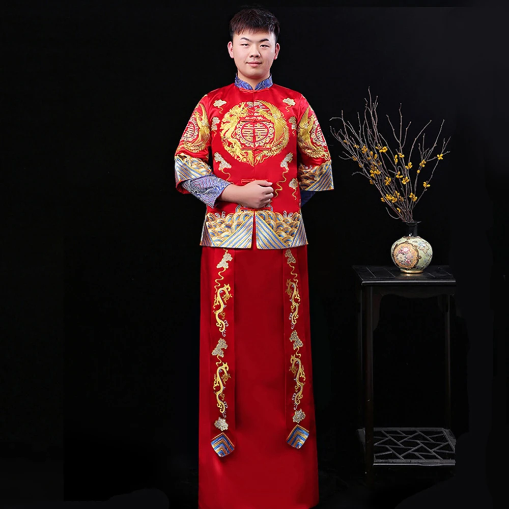 male red cheongsam toast costumes grooms dress jacket long gown ...