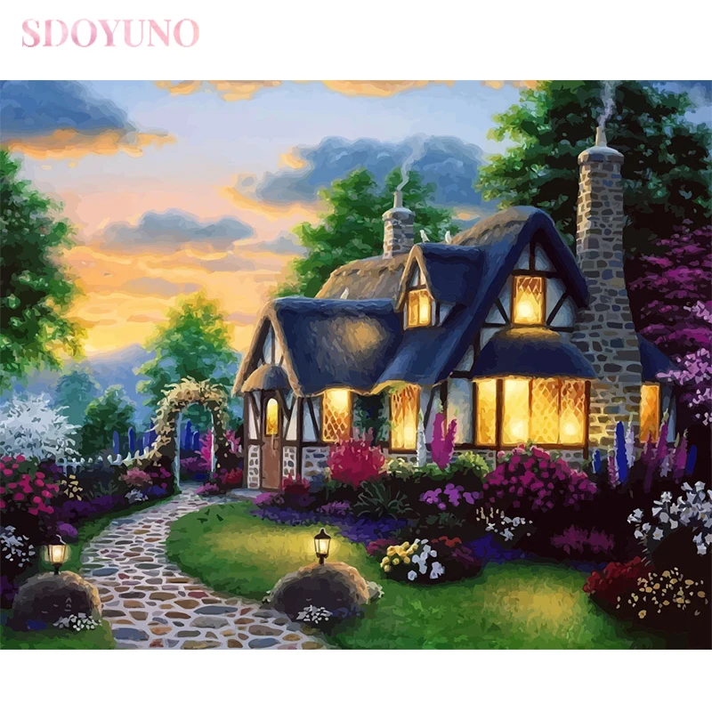 SDOYUNO märchen haus DIY rahmen ölgemälde durch zahlen kits für erwachsene Handgemalte ...