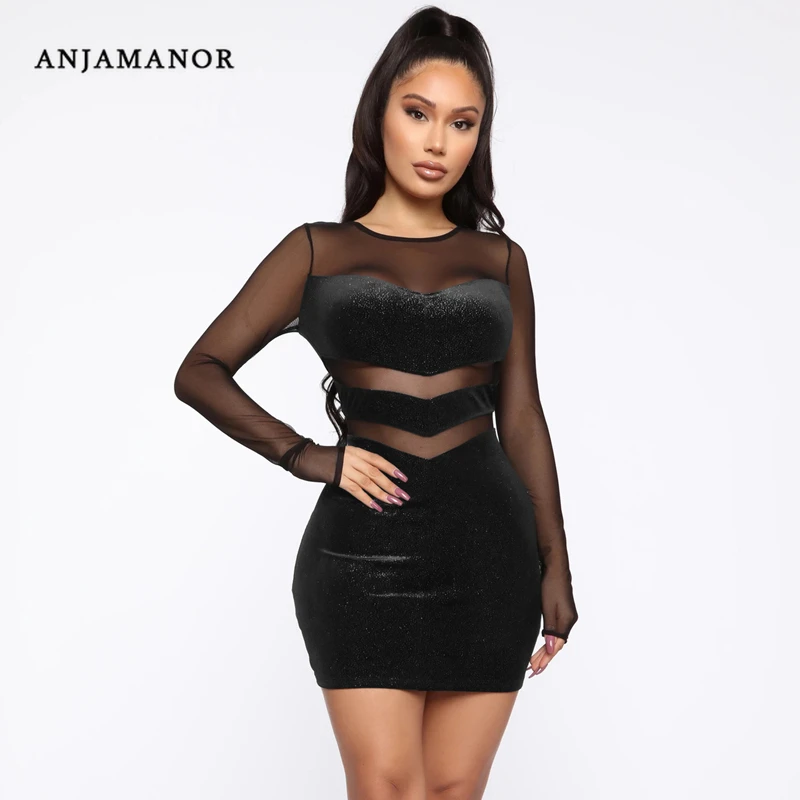 Anjamanor Glitter Samt Mesh Sheer Kleider Für Frauen Party Club Outfits