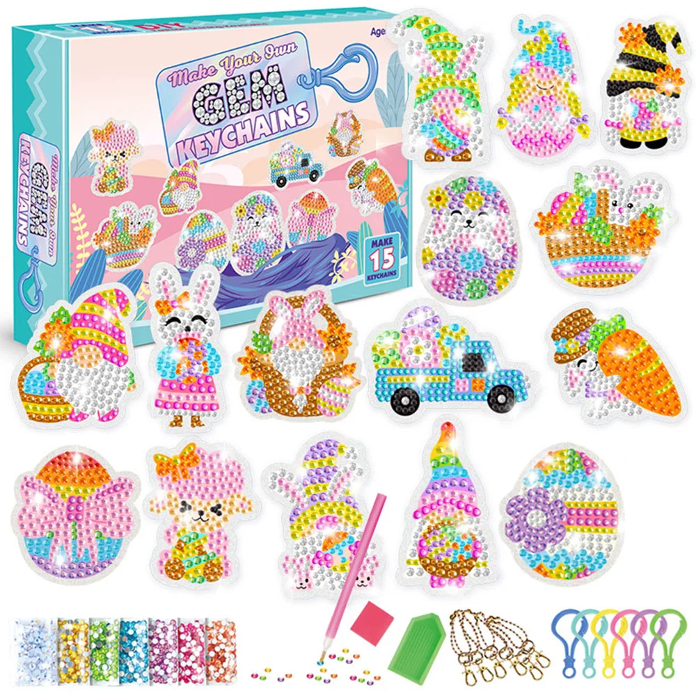 15pcs DIY diamond painting keychain kit Easter bunny egg rabbit ...