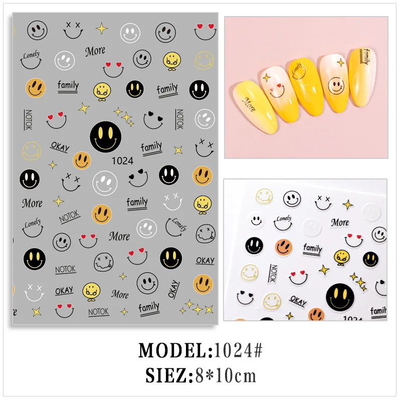 Cute-Smile-Face-3D-Nail-Sticker-Stars-Love-Rainbow-Self-Adhesive-Slider ...