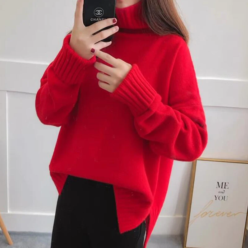 Зимний свободный свитер, сохраняющее тепло пальто, красная высокая водолазка, зимний теплый ...