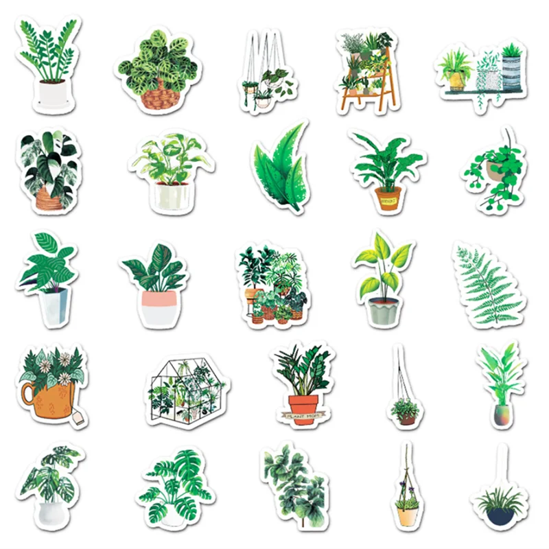 50PCS-Cartoon-Waterproof-Stationery-Stickers-Decoration-Green-Plant ...