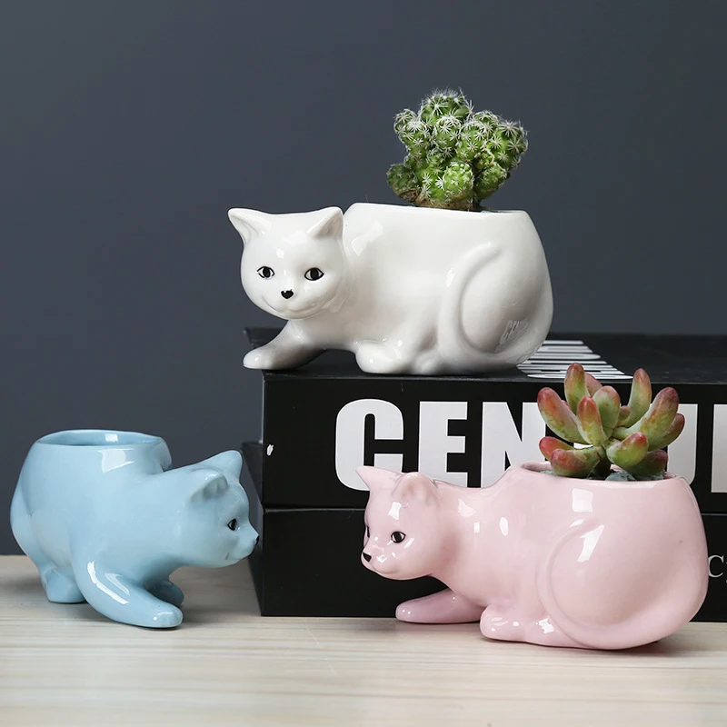 White Ceramic Cat Flower Pot With Tray Creative Kitten Planter For ...