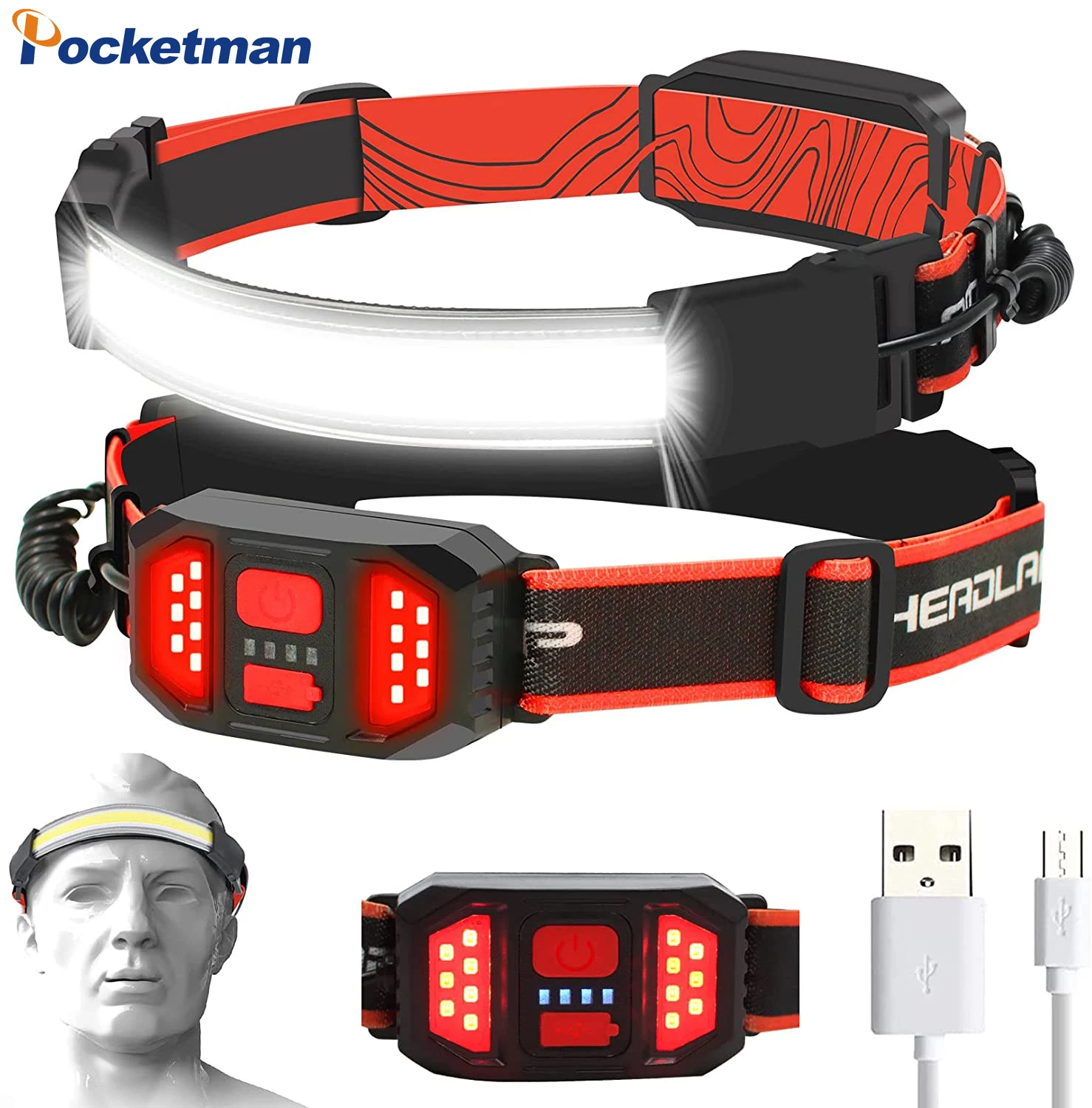 Cob Led Headlamp With Red Taillight Headlight With Built-in Battery ...
