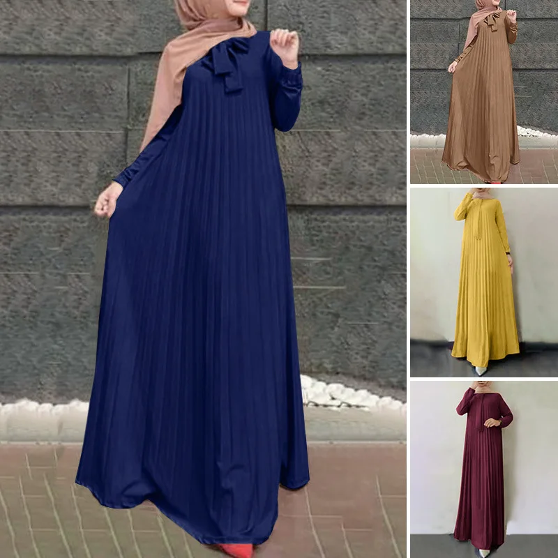 Women's Long Dresses Muslim Solid Robe Fashion Streamer Collar Pleated ...