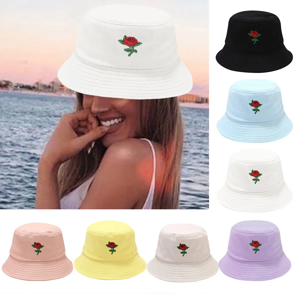 Summer Rose Bucket Hat Unisex Harajuku Flower Embroidery Fishing ...
