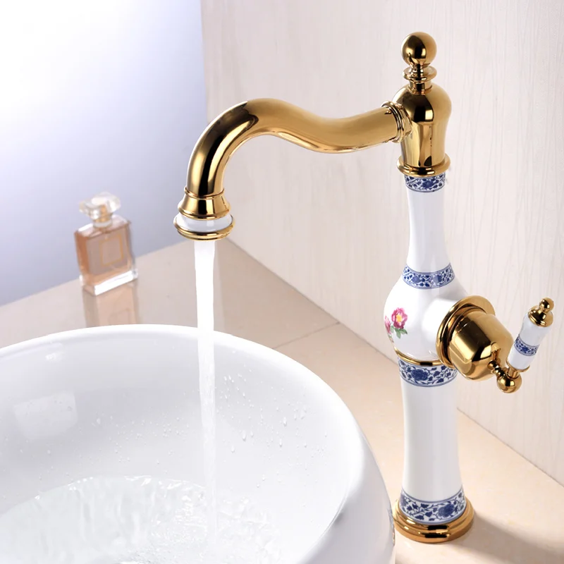 All copper basin faucet European style gold blue and white porcelain ...