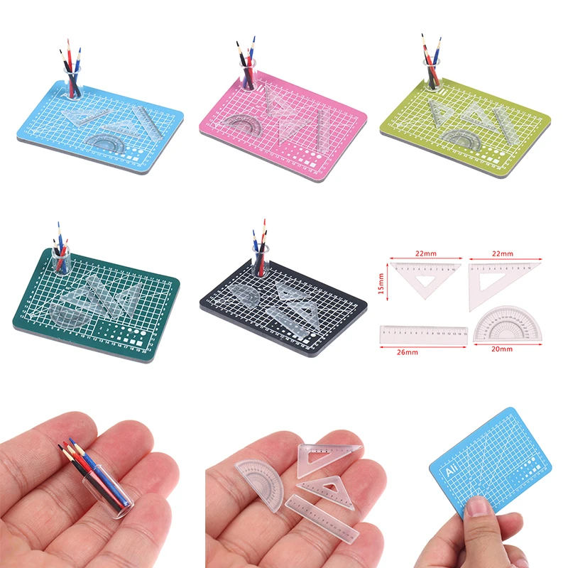 1 Set 1:12 Dollhouse Miniature Cutting Mat Ruler Pencil Pen Holder Set ...